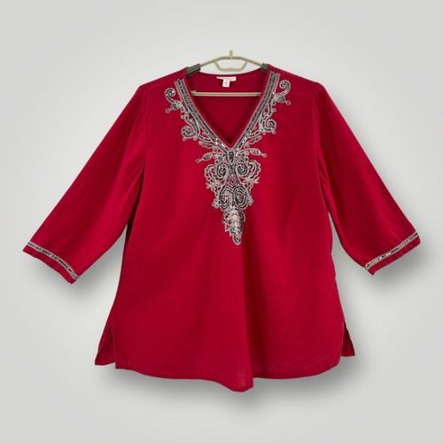 Charter Club Linen Tunic Top Womens Size 3X Red Embroidered Sequin V ...