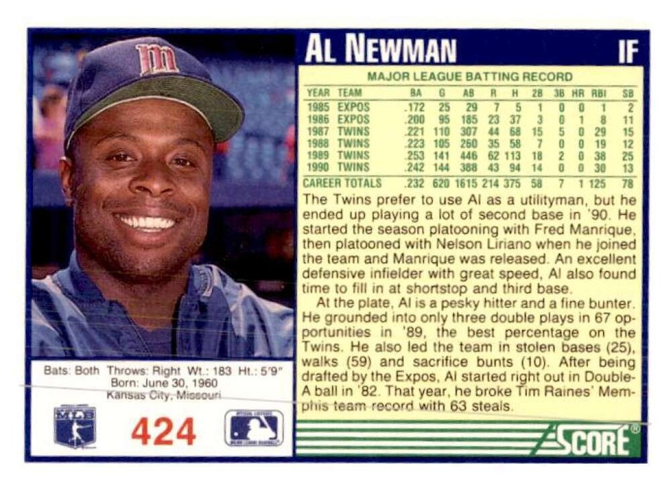 1991 Score #424 Al Newman EX/NM | eBay