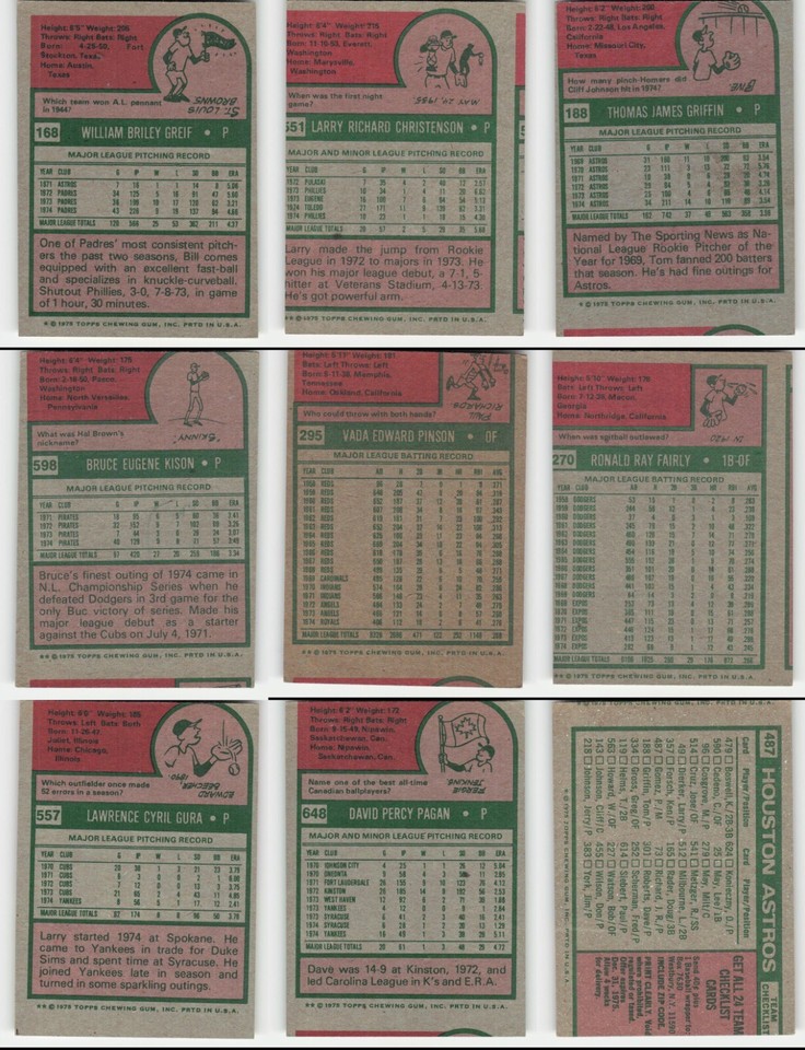 (9) 1975 Topps Miscut/Error Vintage Lot MLB Baseball Cards Collection ...