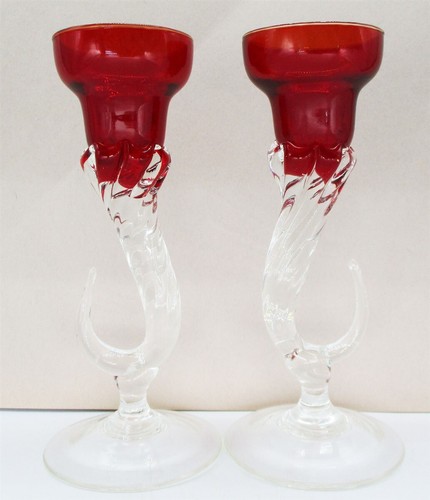 2 Ruby Red Candlestick Holders Cornucopia Hook Swirl Stem Horn Art ...