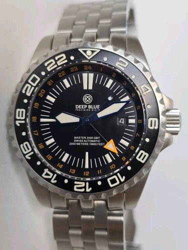 Deep Blue Men's Master 2000 Swiss Automatic Watch GMT Black 45mm 2893 ...