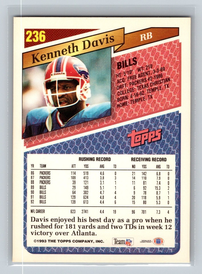 Kenneth Davis 1993 Topps GOLD #236 Football Card NFL Buffalo Bills ...