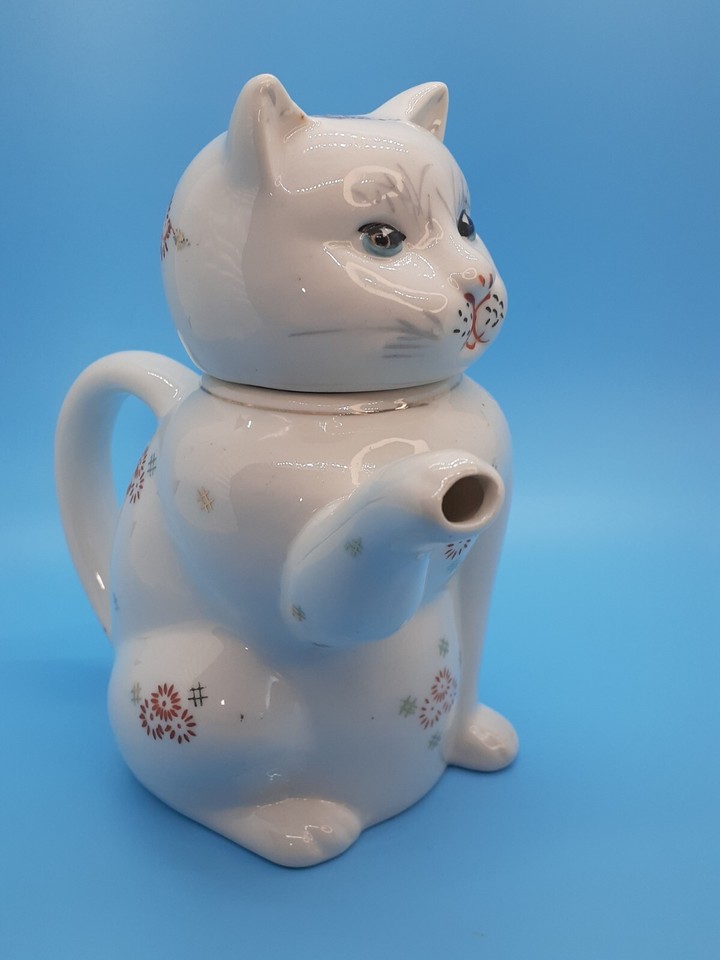 Vintage Lucky Cat Ceramic Teapot White Red Flowers Asian 6 1/2" Cute sm ...