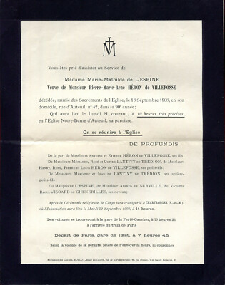 faire-part décès de Me Marie Mathilde de L'ESPINE Vve de Mr. Héron de ...