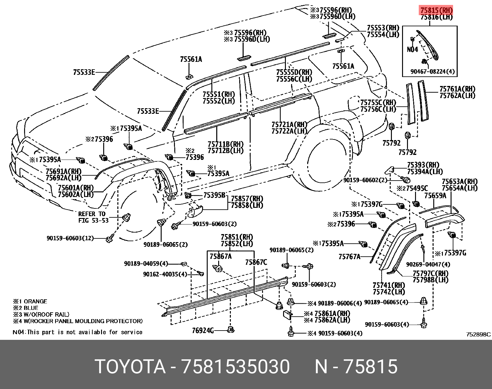 Original moulding, back door outside, right, 7581535030 for TOYOTA ...