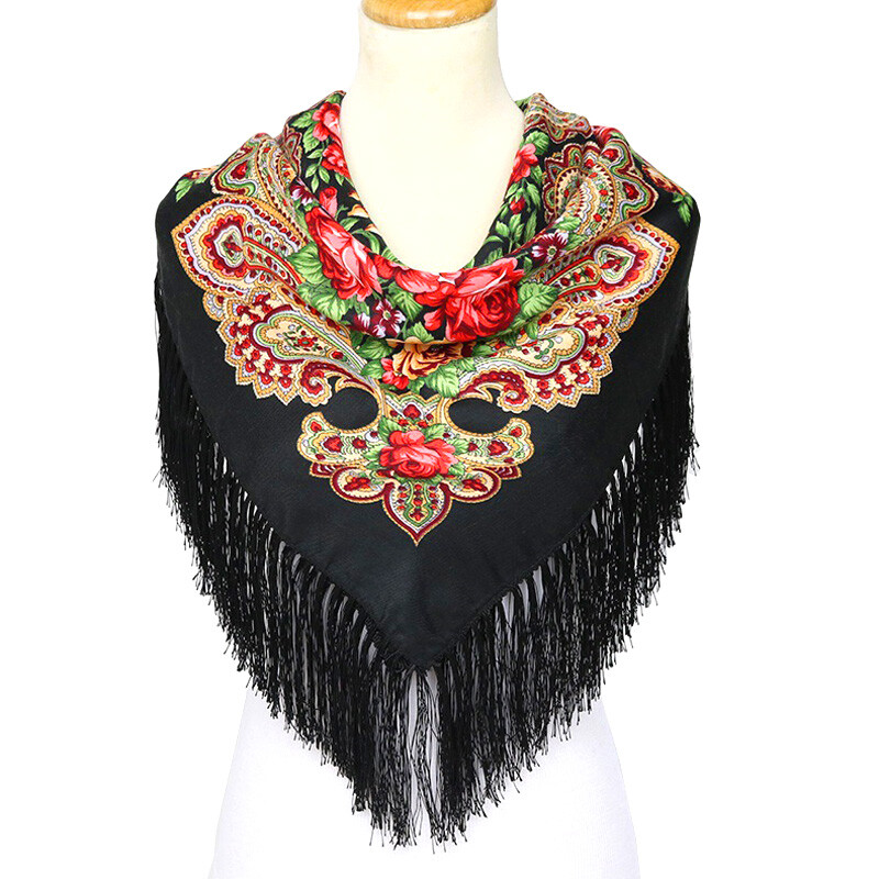 Floral Printed Womens Tassel Shawl Russian Scarf Long Tassel Square ...