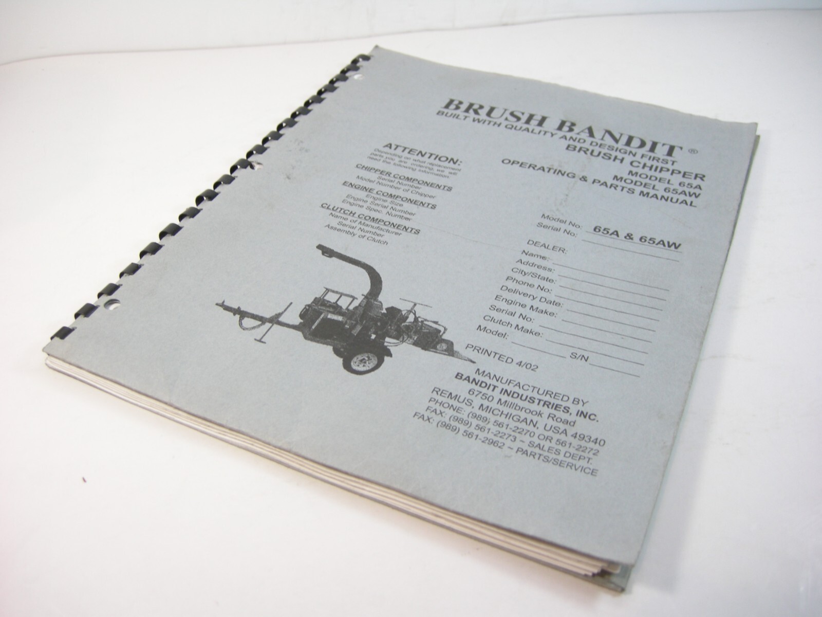 Brush Bandit 65A 65AW Brush Chipper Operator Parts Owners Manual Book ...