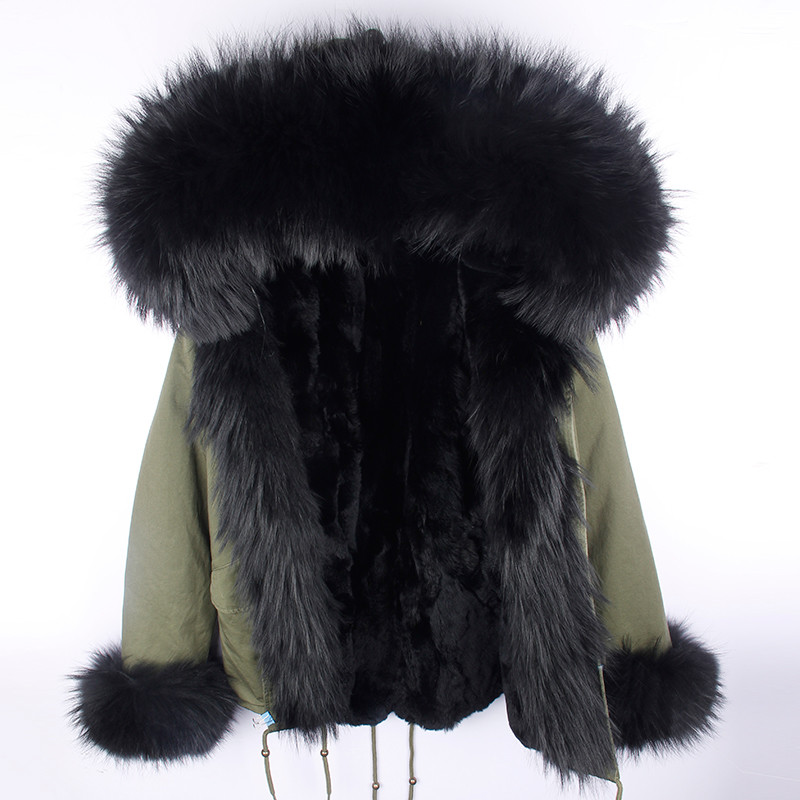Women Real Fluffy Fur Coats Collar Hood Parka Cuff Fur Liner Parka ...