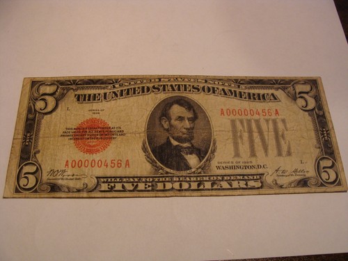 1928 $5 United States Red Seal Note - serial number # A00000456A | eBay