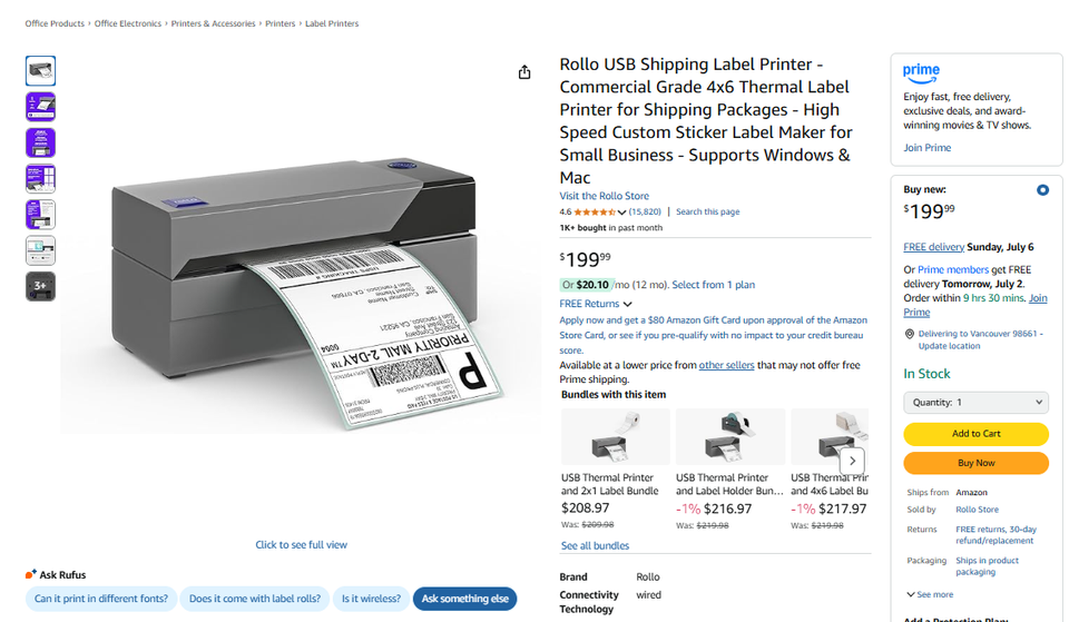 Rollo X1038 Thermal Label Printer Logistics Label Printer Rollo QR USB ...