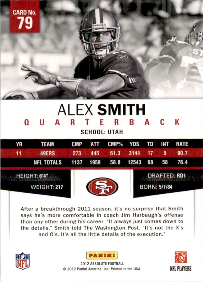 2012 Panini Absolute Alex Smith San Francisco 49ers #79 NFL Football ...