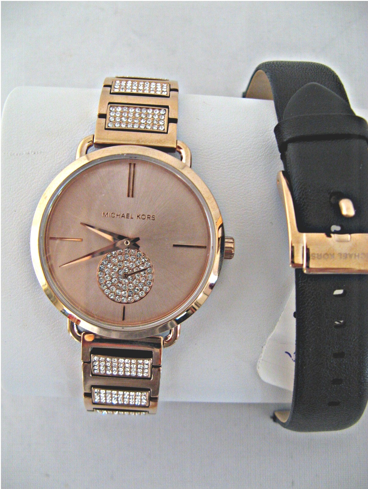 Michael Kors 2pc Set Portia Rose Gold Watch Crystals Black Leather Band ...
