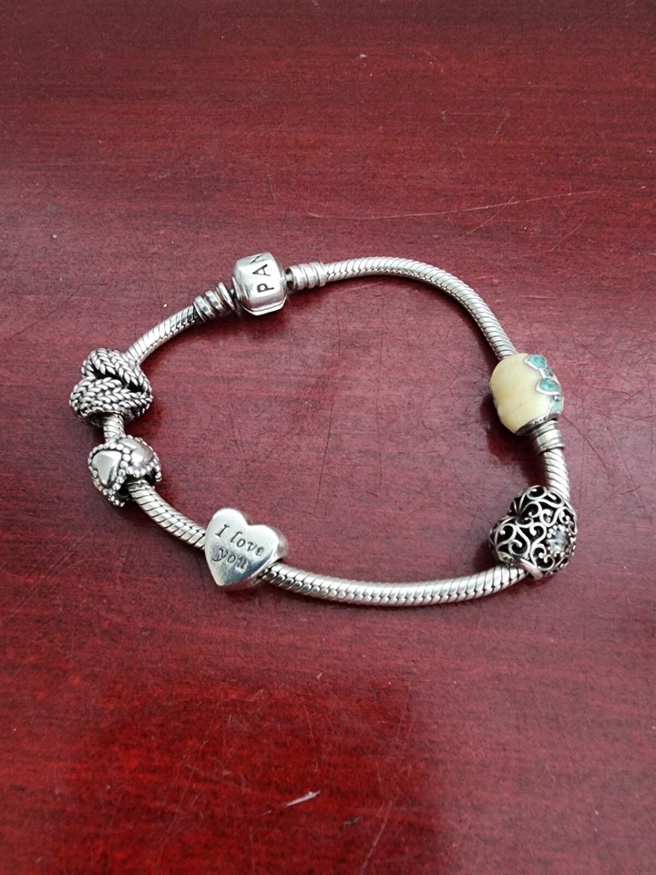 PANDORA 925 STERLING SILVER BRACELET. 7.5". W/(5) PANDORA 925 LOVE ...