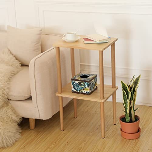 Solid Wood Side Table, 2-Tier Narrow End Table with Storage Shelves for ...
