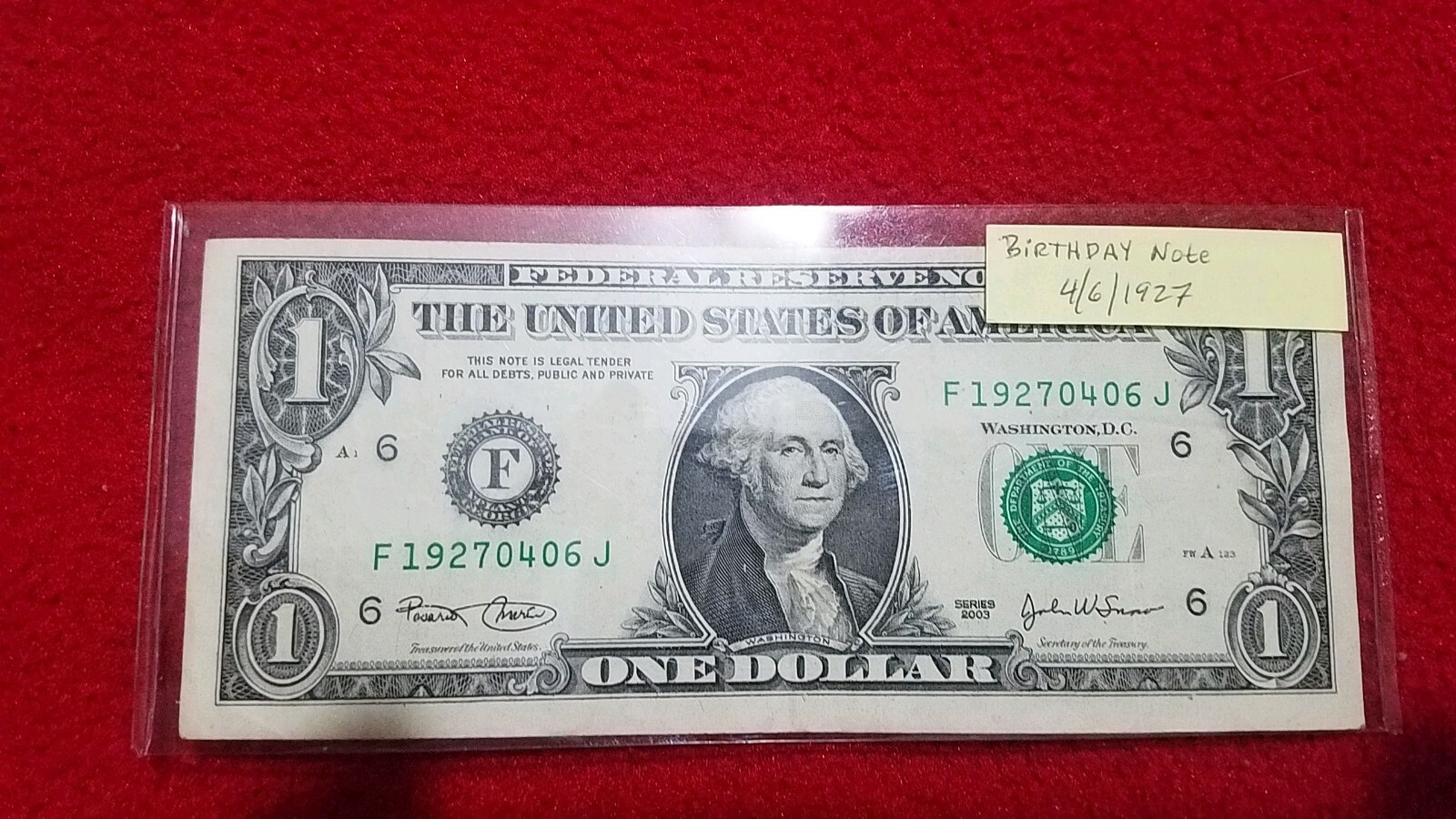 Birthday note 04/06/1927 note US one dollar bill | eBay