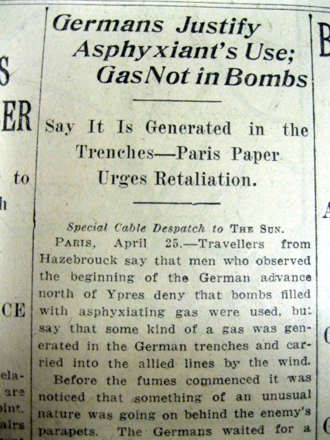 1915 WW I newspaper CHEMICAL GAS WARFARE by GERMANY BEGINS at BATTLE of ...