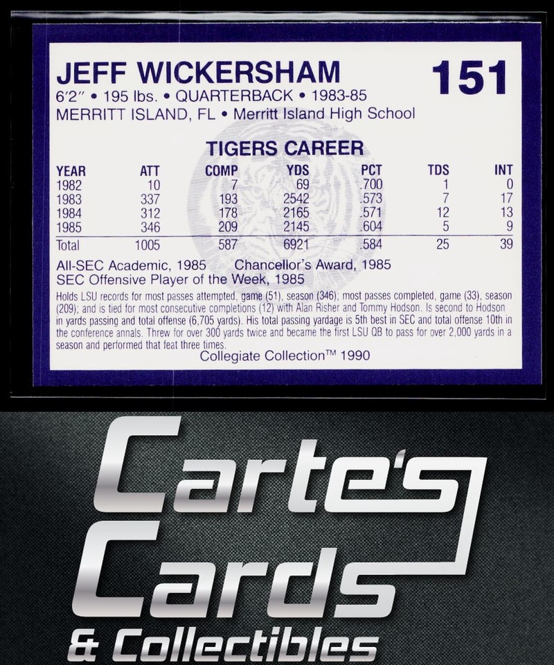 Jeff Wickersham 1990 Collegiate Collection LSU Tigers #151 LSU Tigers ...