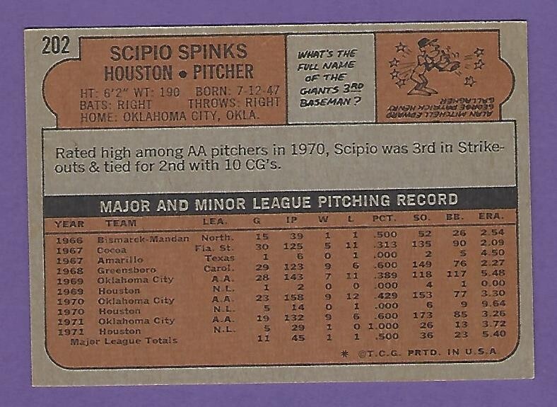 1972 Topps - #202 Scipio Spinks - Houston Astros - ExMt+ | eBay
