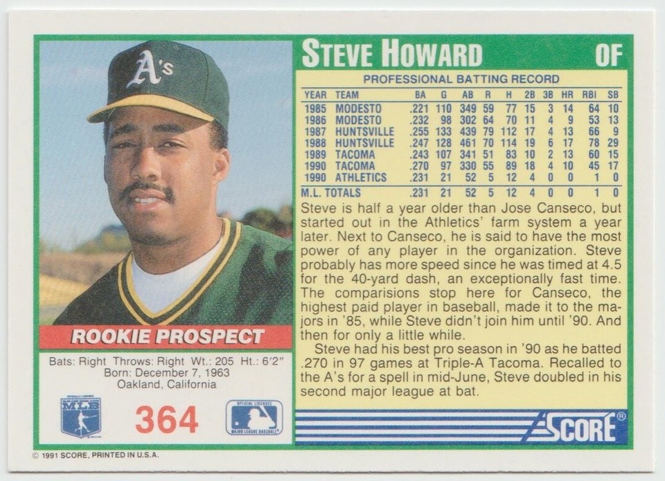1991 Score Baseball #364 Steve Howard - Oakland Athletics | eBay