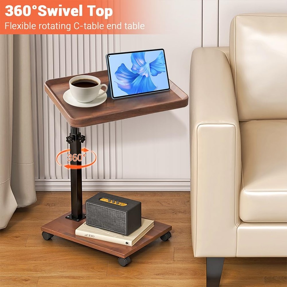 C Shape end Table Adjustable Height Side Table with Wheels Sofa Table ...