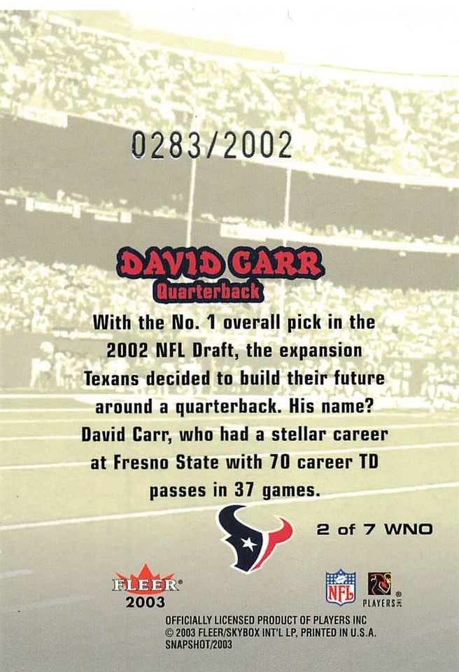 2003 Snapshot We're Number One #2 David Carr NM-MT /2002 | eBay