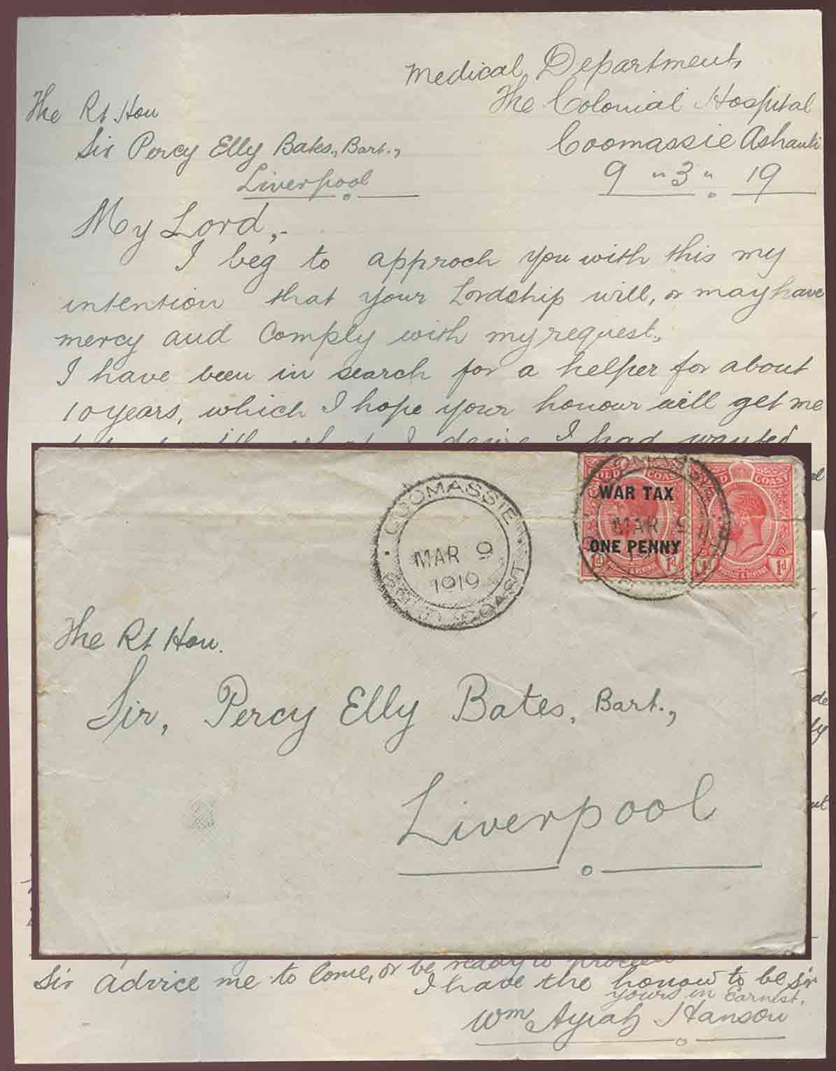 GOLD COAST 1919 LETTER COOMASSIE HOSPITAL HANSON to SIR PERCY ELLY ...