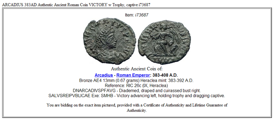 ARCADIUS 383AD Authentic Ancient Roman Coin VICTORY w Trophy, captive ...