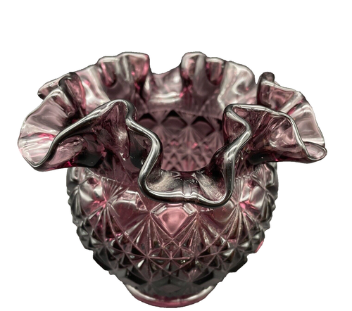 VINTAGE FENTON GLASS DAISY & BUTTON PURPLE VASE ROSE BOWL RUFFLED RIM ...