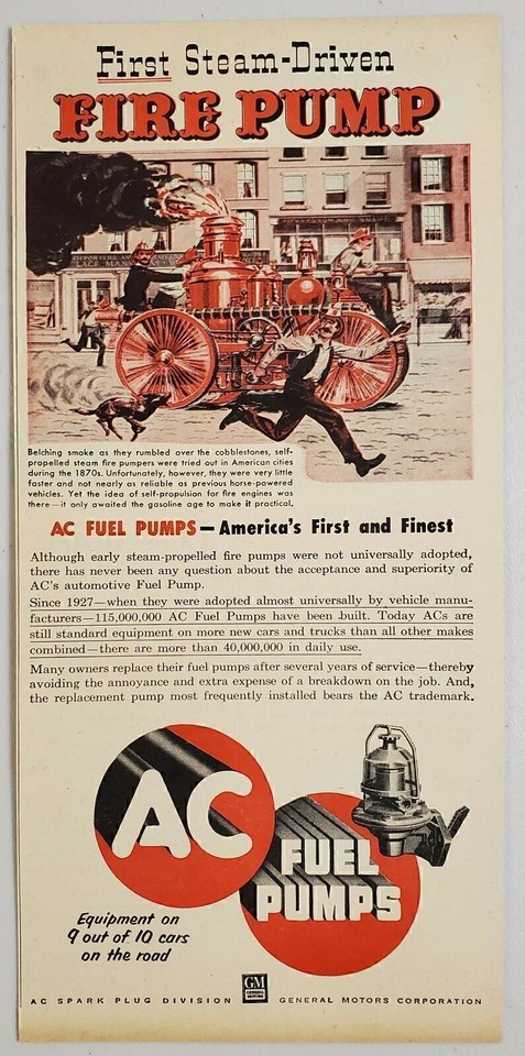 1953 Print Ad AC Fuel Pumps Steam Fire Pumpers, Engines Firemen 1870's ...
