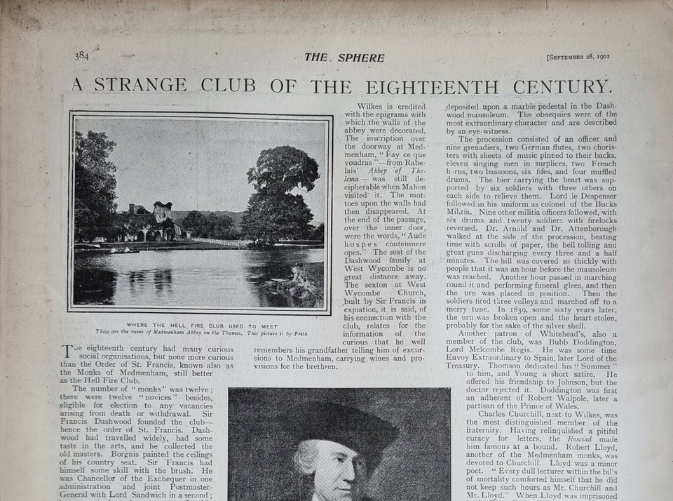 1901 PRINT HELL FIRE CLUB MEDMENHAM ABBEY ON THE THAMES SIR FRANCIS ...