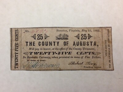 ~1862 25 Cents The County of Augusta - Virginia - Civil War Fractional ...