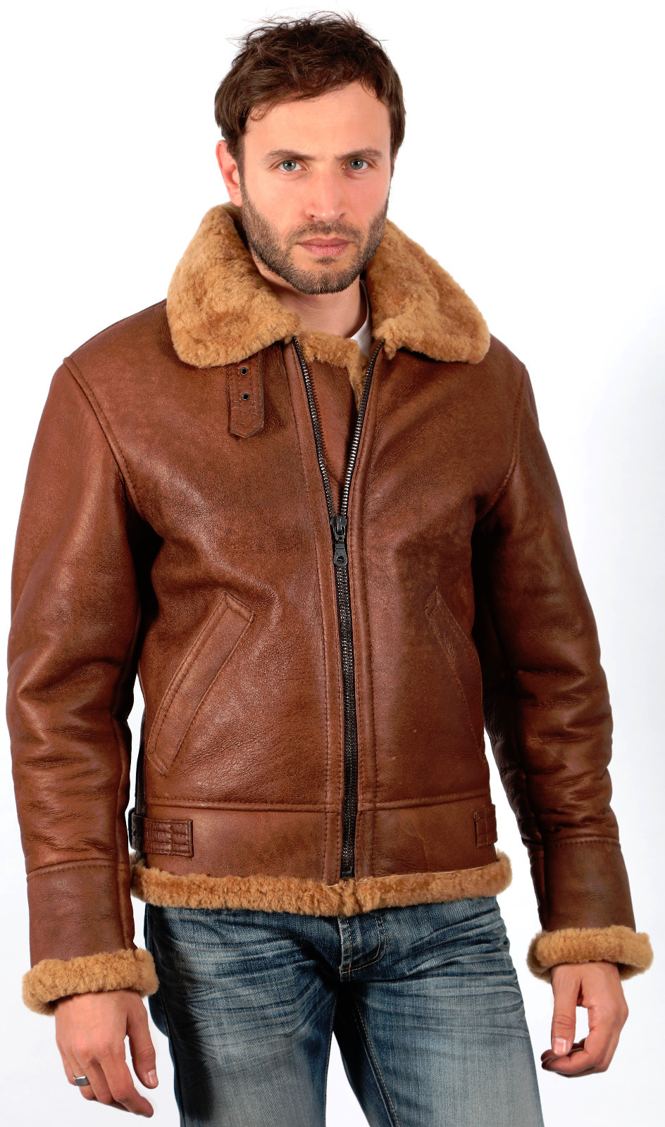 Men's WW2 Coniac Brown B3 Aviator Bomber Sheepskin Leather Pilot Jacket ...
