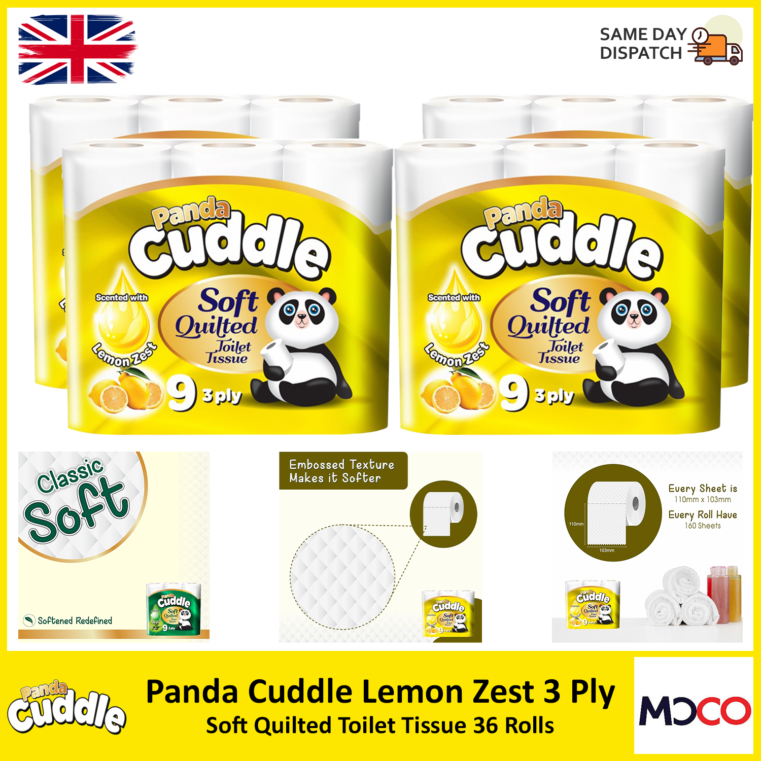 Panda Cuddle White Toilet Tissue Paper Rolls 3 Ply Quilted Lemon Zest ...