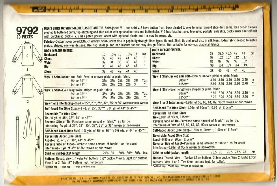 Simplicity 9792 Mens Size 44 Shirt, Jacket, Ascot and Tie Uncut Sewing ...