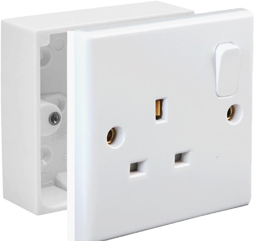 1G White Single Switch Wall Socket + 25mm Surface Pattress Back Box 13a ...