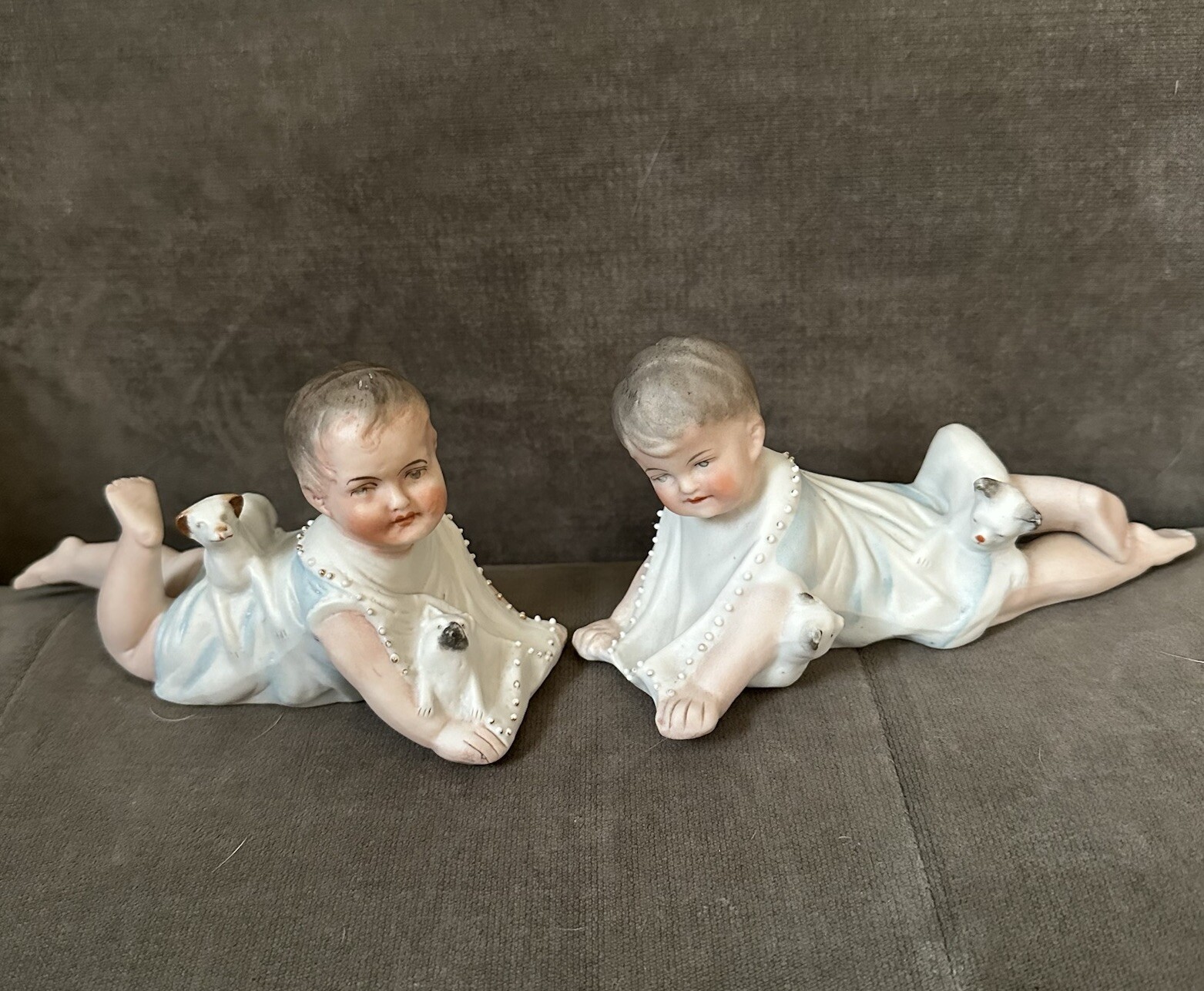 Antique Bisque Porcelain Gebruder Heubach Piano Baby Set W/ Puppies Dog ...