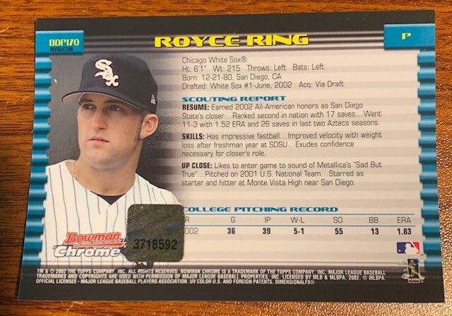 2002 Bowman Chrome Draft Autograph Refractor #170 Royce Ring Chicago ...