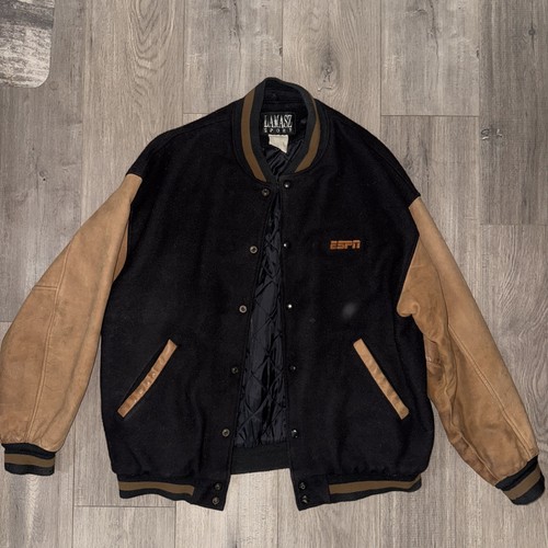 Vintage 90s ESPN Letterman Varsity Jacket Wool Leather Black Size XL | eBay