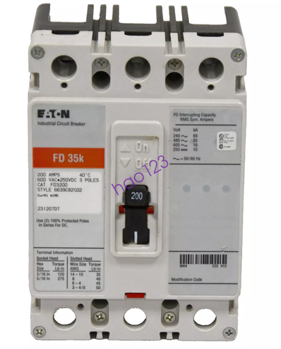 Eaton FD3200 Molded Case Circuit Breaker - 200A, 3-Phases, 600V DHL ...