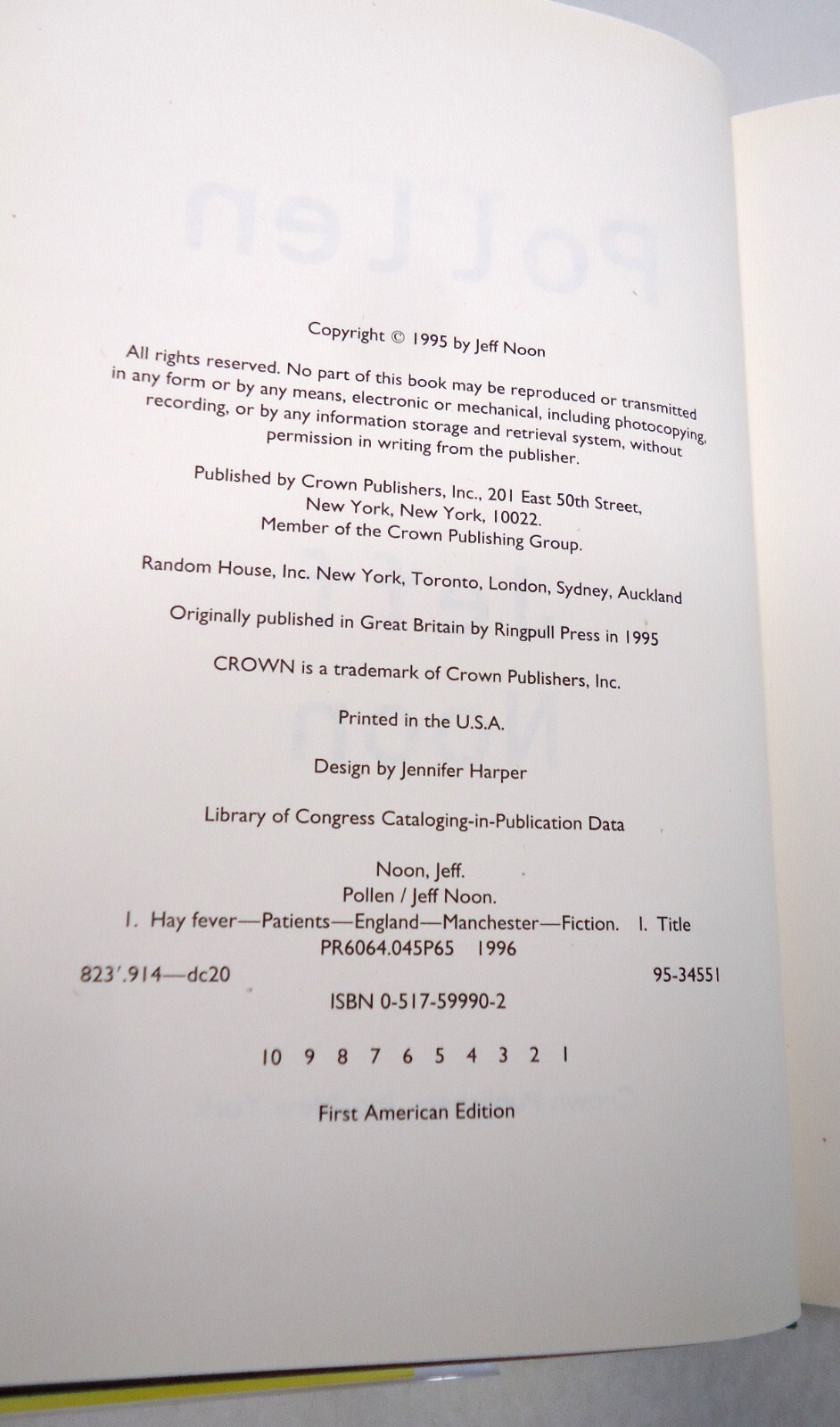 Pollen Jeff Noon Book Hardcover DJ First American Edition 1995 Like New ...