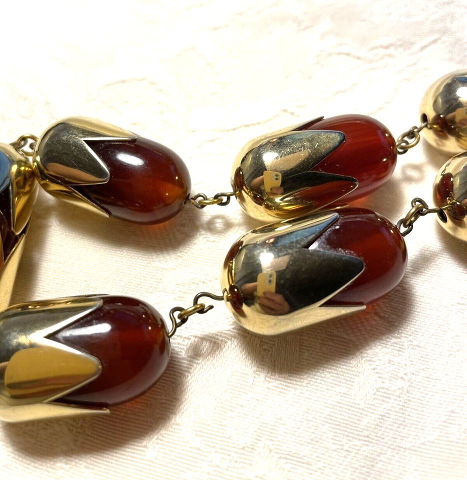 Gold Tone metal Amber color crowned beads fashion collar Necklace 17 ...