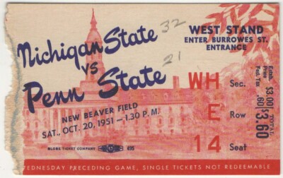 1951 PENN STATE NITTANY LIONS vs MICHIGAN STATE SPARTANS ticket stub 10 ...