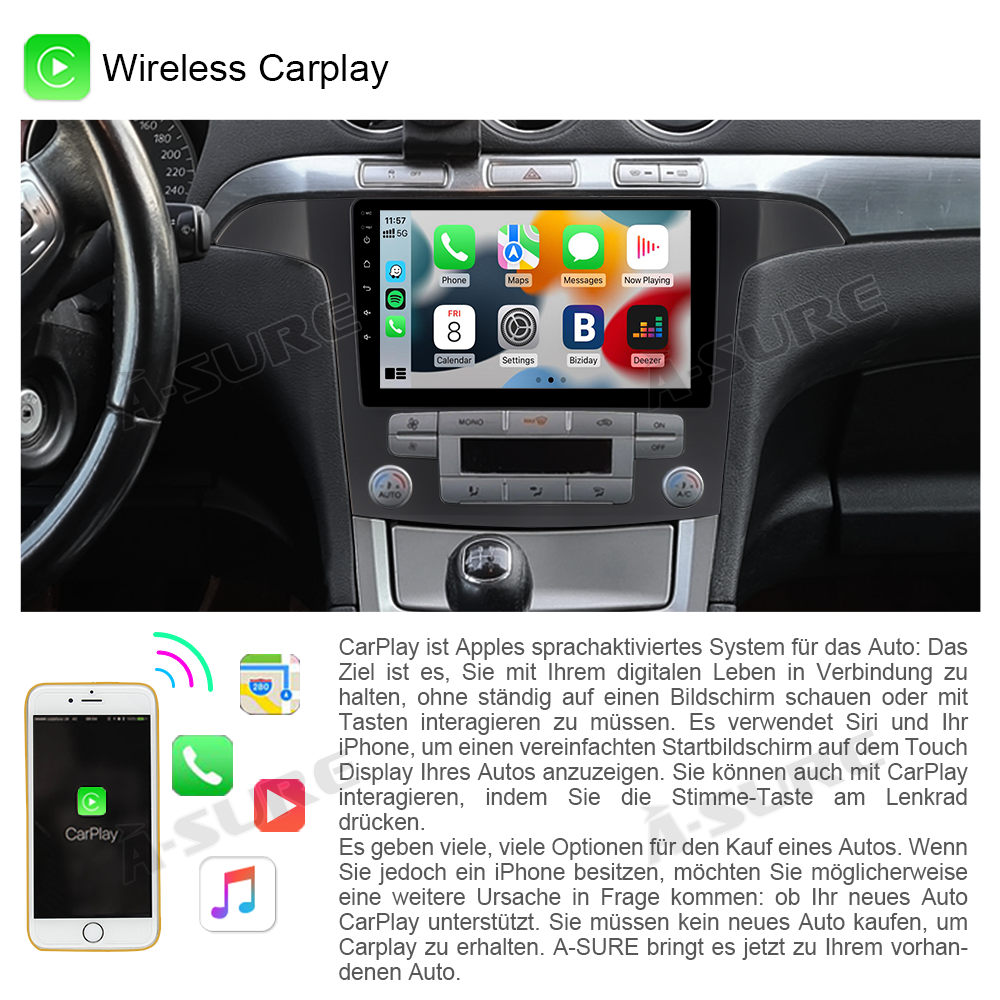 Wireless Carplay Android 13 Autoradio Navi Für Ford S-Max Bj. 2006-2014 ...