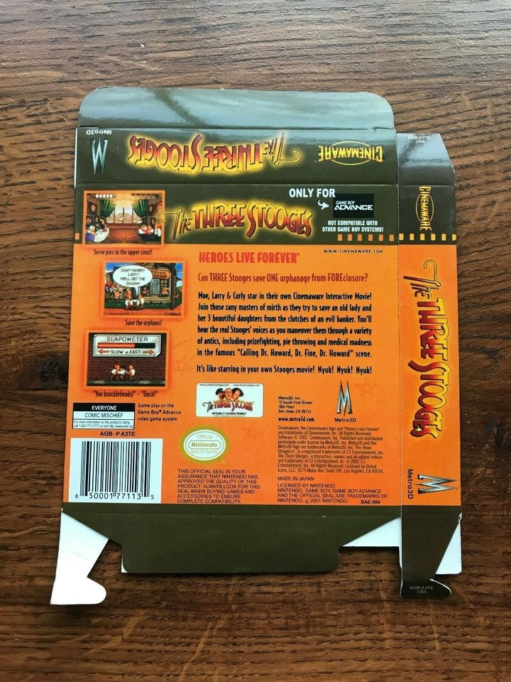 The Three Stooges Moe Larry Curly Gameboy Advance Game Boy Empty Box ...