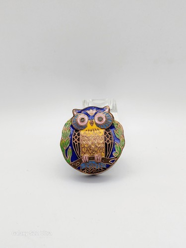 VINTAGE ANTIQUE CHINESE OWL ENAMELED CLOISONNE BRASS PILL/TRINKET/SNUFF ...