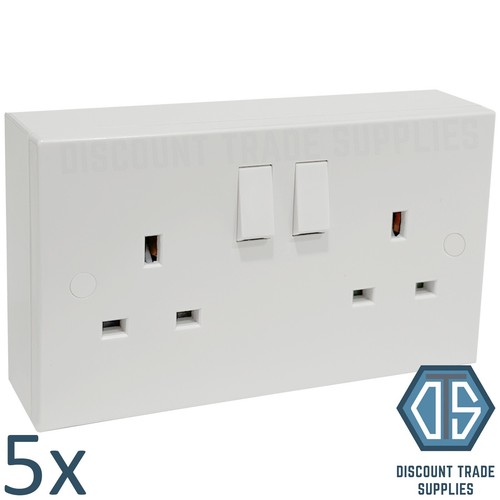 5x 2 Gang Double Socket Switched White Wall and 25mm Surface Pattress ...