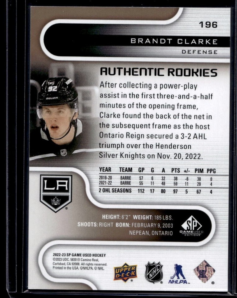 2022-23 SP Game Used Gold Authentic Brandt Clarke Rookie /121 #196 | eBay