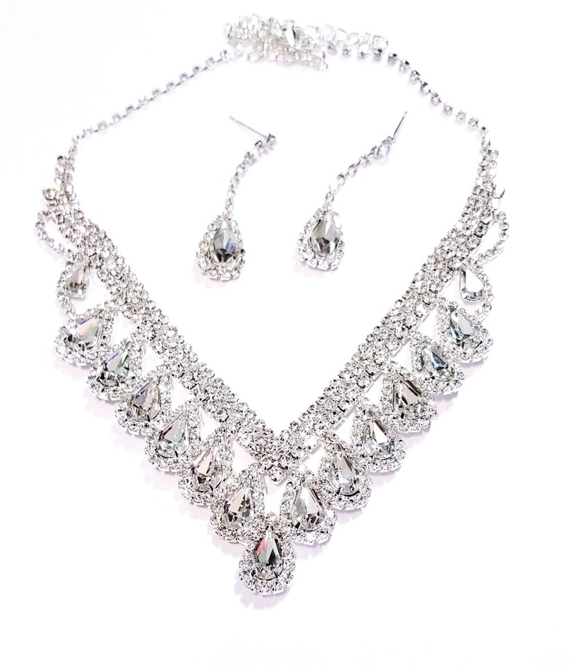 Clear Crystal Choker Rhinestone Necklace Earring Set Bridal Prom ...