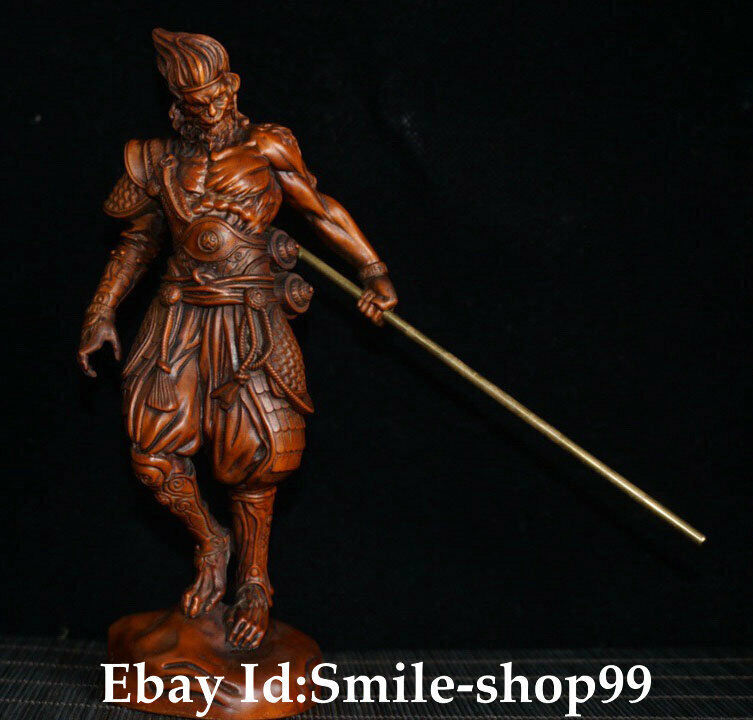 6" Old China Boxwood Wood Carving Mythology Stand Sun WuKong Monkey ...
