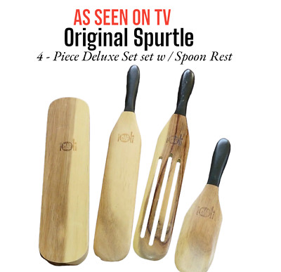 Original Spurtle Deluxe Set w/ Spoon Rest 4 pc Set Acacia Wood Handle ...